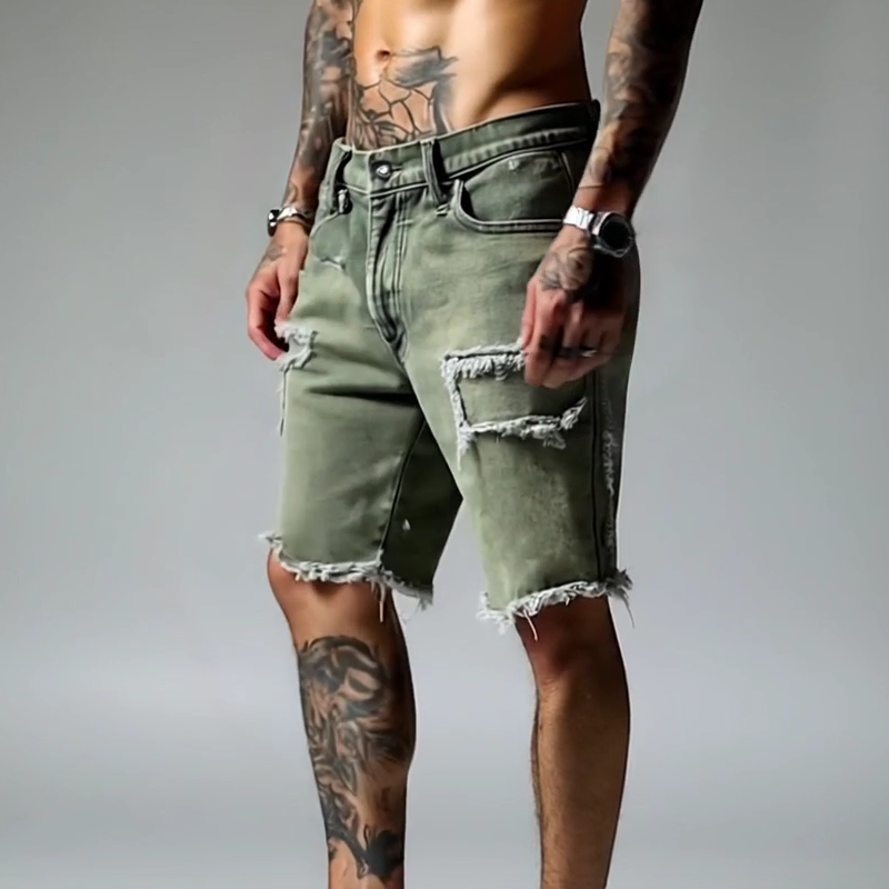 Men’s Denim Shorts With Straight Fit Worn Texture And Frayed Hem ...